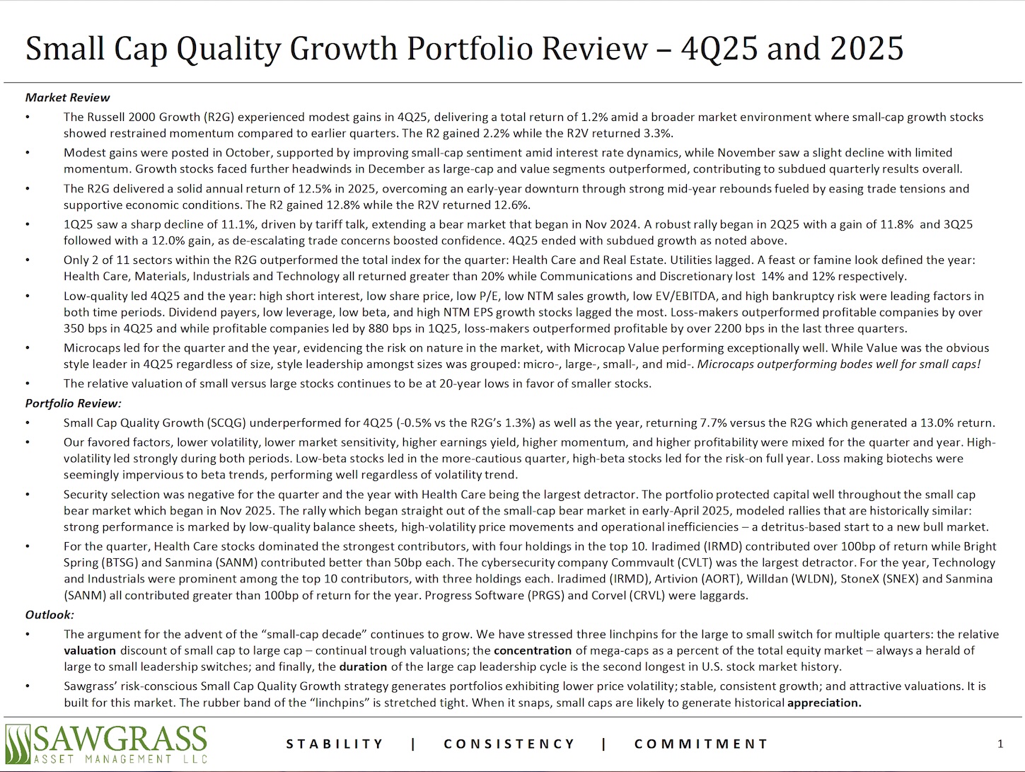 Small Cap Quality Growth - Q4 Commentary - Sawgrass Asset Management